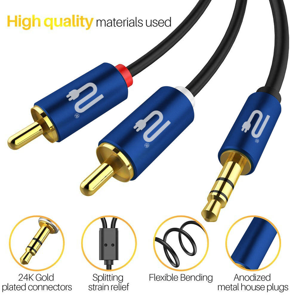 3.5mm Jack to 2 x RCA Phono Audio Cable Lead Aux to Twin RCA Shielded ...
