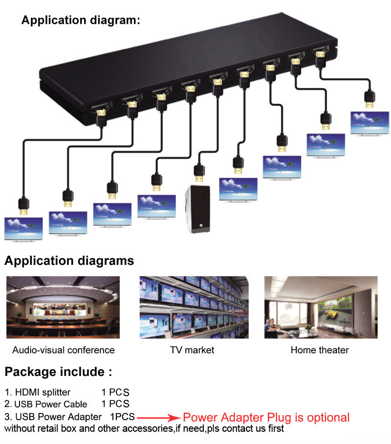 8 Port 1 in 8 Out 1x8 HDMI Splitter Audio Video 1080P Hub for PC HDTV ...