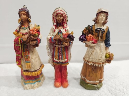 3 Figurines Native American Pilgrims Fruit Baskets Flowers Detailed ...