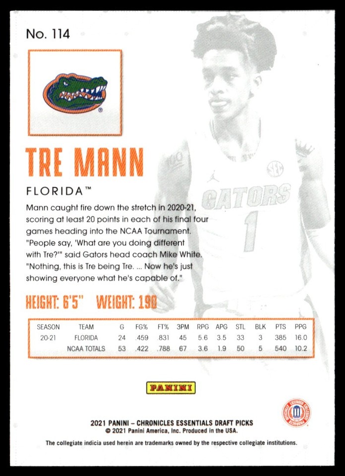 TRE MANN 2021-22 PANINI CHRONICLES DRAFT PICKS HOLO RC FLORIDA GATORS ...