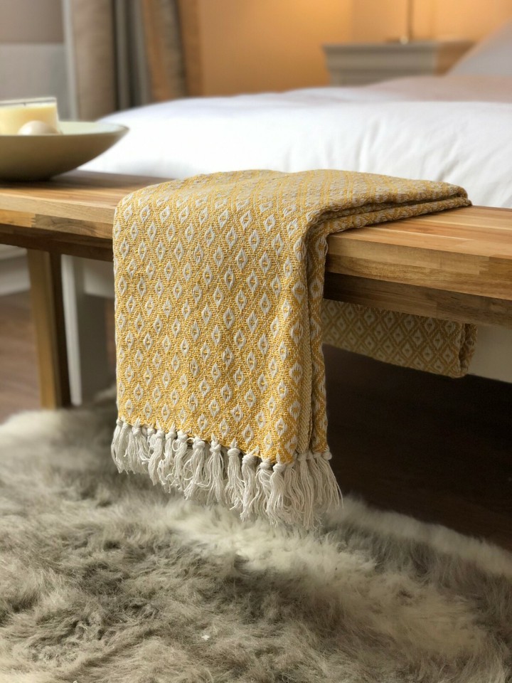 Luxury 100% Cotton Ochre Mustard Yellow Abstract Check Bed Sofa Blanket ...