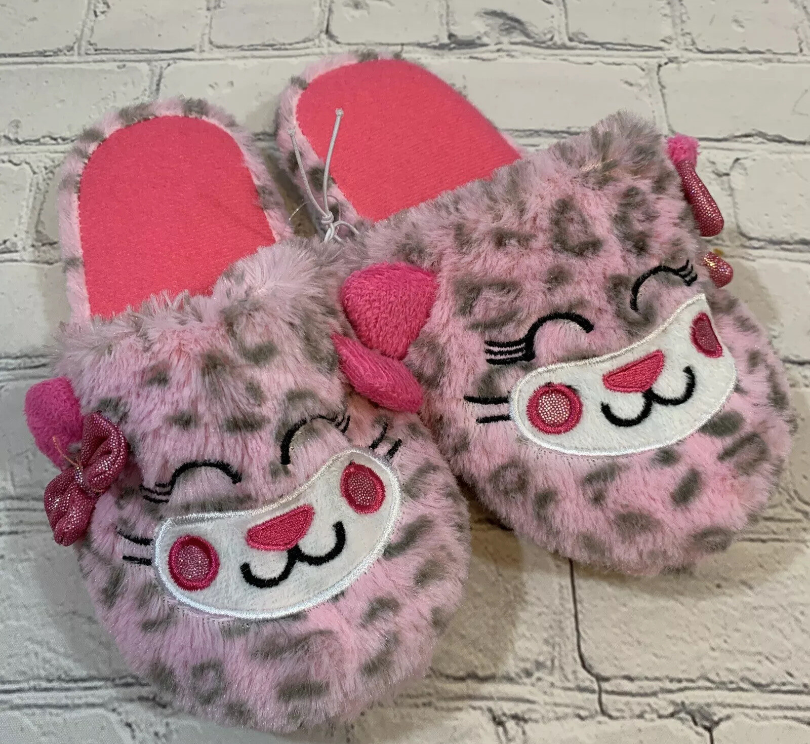 NEW Cat Slippers Girls Plush Animal Indoor Pink & Gray Size Medium 13-1 ...