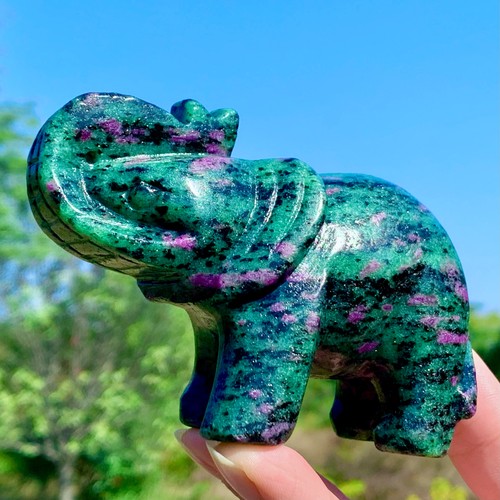 413G Natural Green Ruby Zoisite (anylite) Hand-carved Elephant Crystal ...
