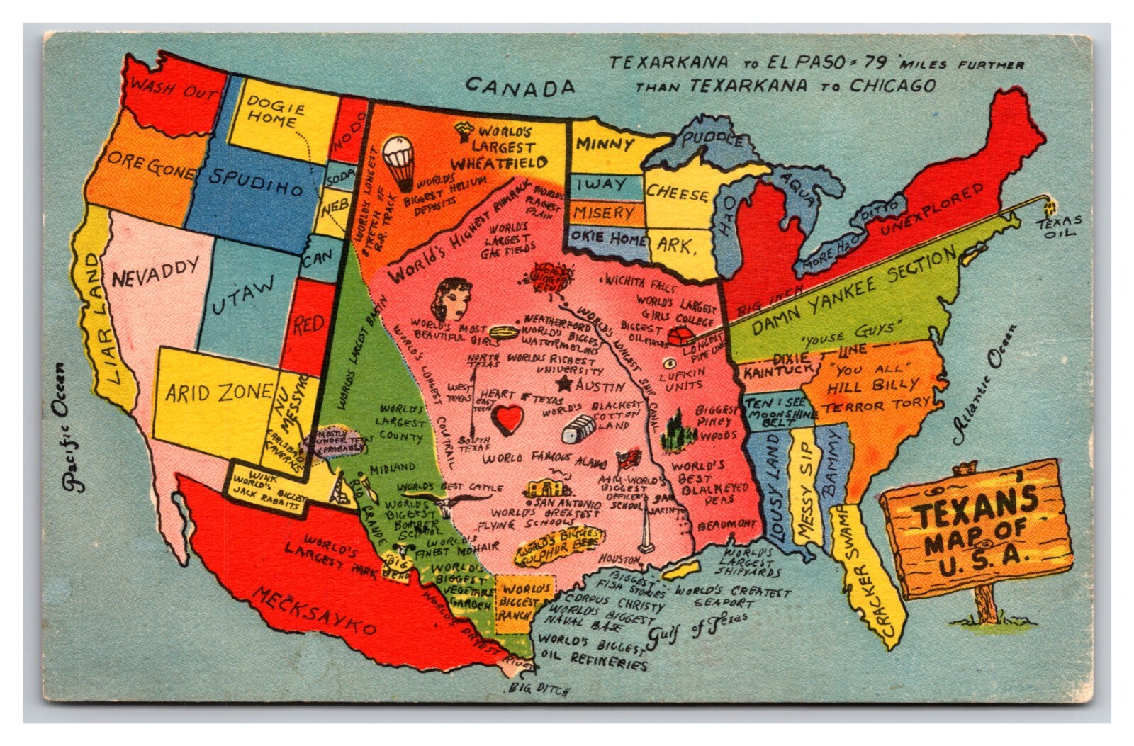 Comic Texans Map of United States Greetings Texas TX UNP Linen Postcard ...