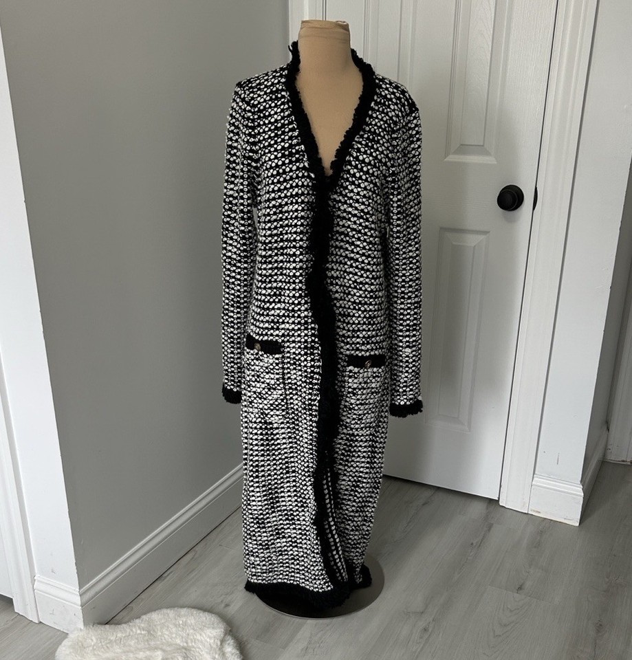 Boston Proper Black White Fringed Sweater Duster Cardigan size L | eBay