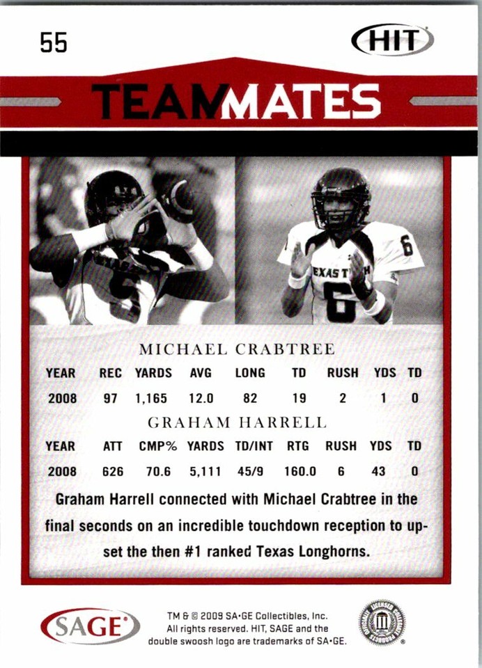 2009 Sage Hit Teammates Michael Crabtree / Graham Harrell #55 ROOKIE RC ...
