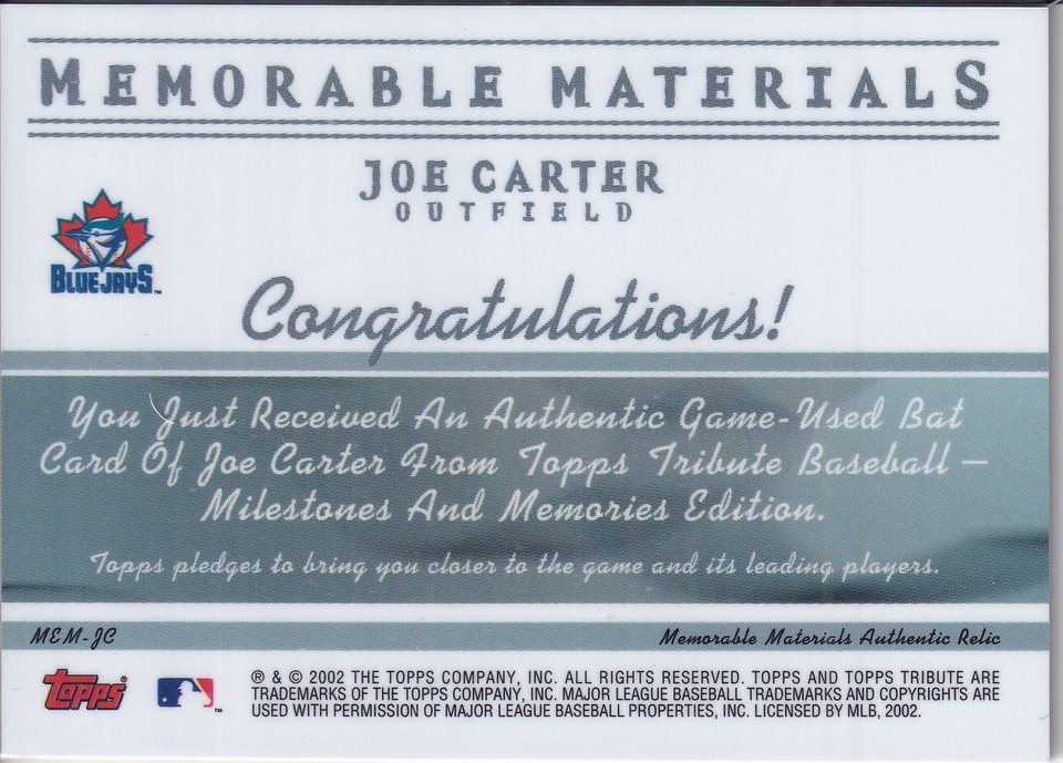 2002 Topps Tribute #MEM-JC Joe Carter Memorable Materials | eBay