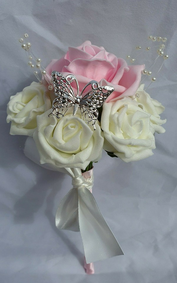 Wedding Flowers Bride Bouquet Ivory Baby Pink Bridesmaids Diamante ...
