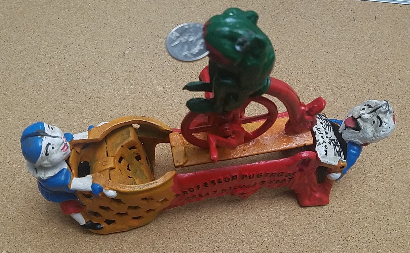 Vintage Cast Iron Mechanical Bank Professor Pug Frogs Great Bicycle ...