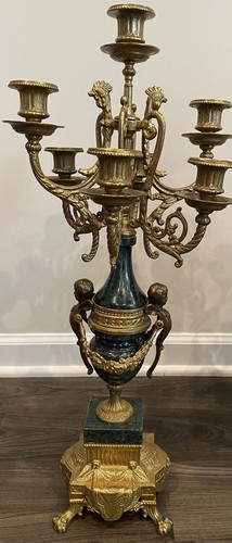 3-Piece Italian Brevettato Brass & Marble Clock & Candelabra Garniture ...