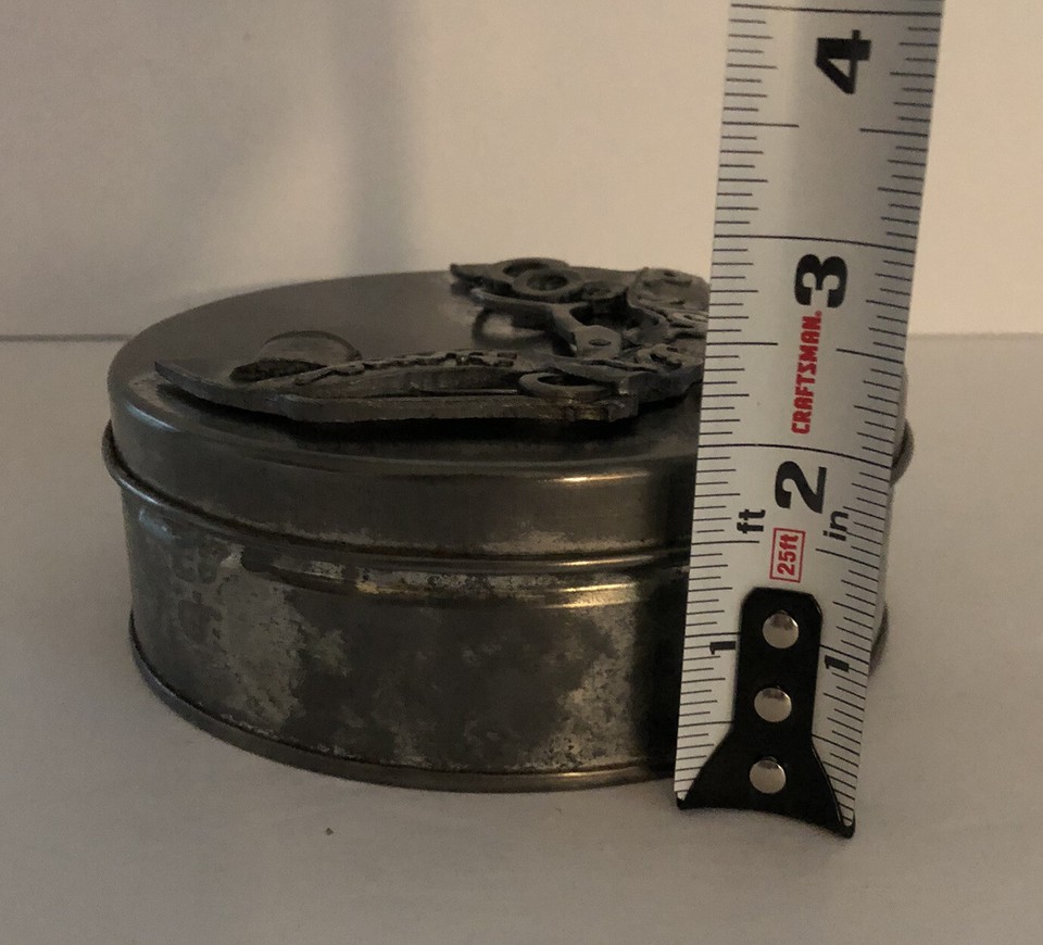 Pewter A Stitch In Time Lid Scissors Buttons Thread Metal Sewing Tin | eBay