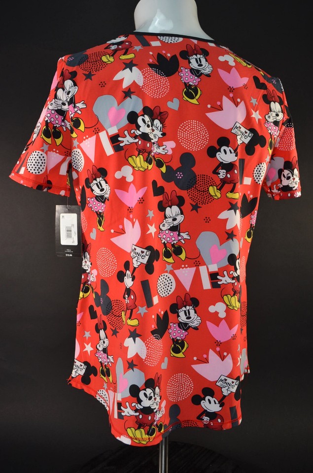 Disney Mickey Minnie Mouse Red Love Scrub Top V-Neck Performance ...