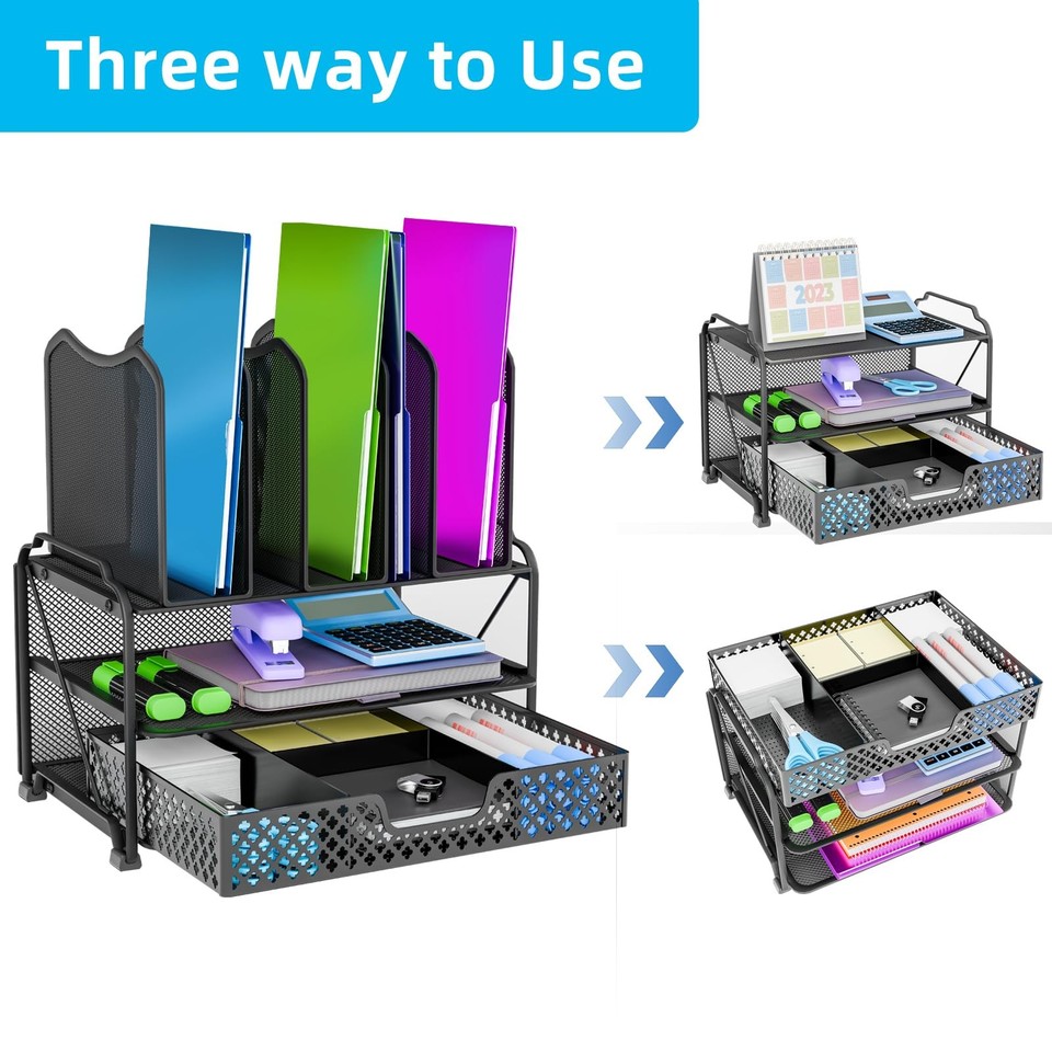 Mesh Desk File Organizer, Office Supplies Desktop Storage with Sliding ...