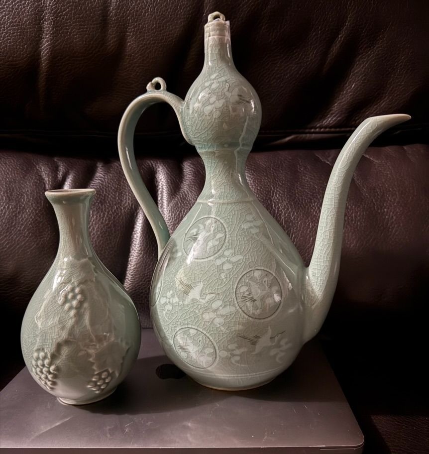 Signed Korean Celadon Ewer & Vase Set – Crackle Glaze, Crane & Grape ...