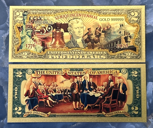 USA *250th Anniversary $2 Banknote 24K GOLD Plated Foil Rep. Collection ...