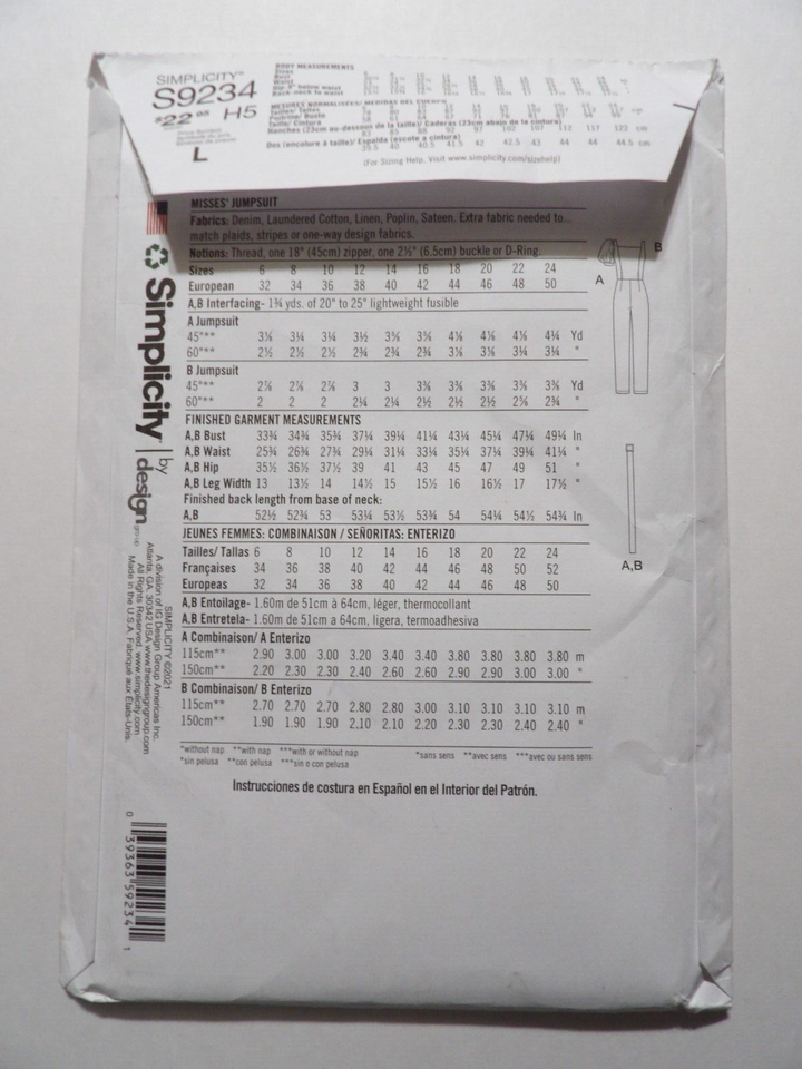 S9234 Sewing Pattern Mimi G Misses' Jumpsuit Sleeve Options 6-14 ...