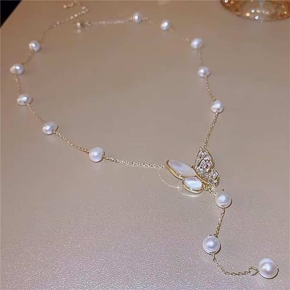 Jewelry Butterfly Pearl Chain Y-shape Lariat Pendent Neck Chain Women ...