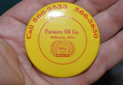 VINTAGE FARMERS OIL CO AK SHELL BUTTON/PIN WITH CORK RARE (D) | eBay