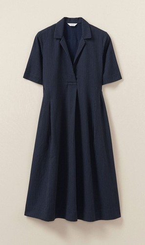 TOAST Cotton Linen Blend Collared Dress Striped Dark Blue w Pockets ...