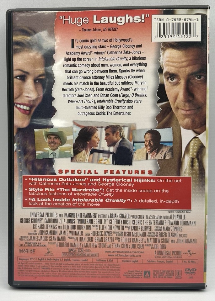 Intolerable Cruelty DVD Full Screen George Clooney Catherine Zeta-Jones ...