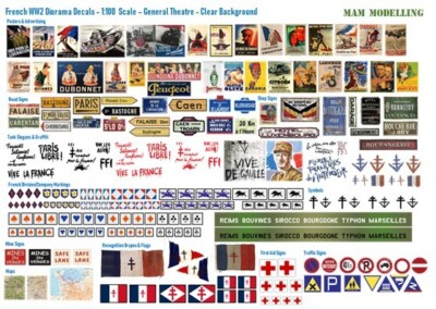 1:100 Scale French WW2 Diorama Decals (Posters, Street Signs, Tank ...
