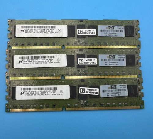 LOT OF 3 PCS Memory Ram HP 2GB 2RX8 PC3-10600R-9-11-BP Server Memory ...