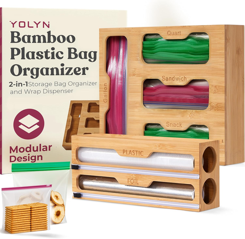 Bamboo Kitchen Storage Bag Organizer, Drawer Organizer with Foil ...
