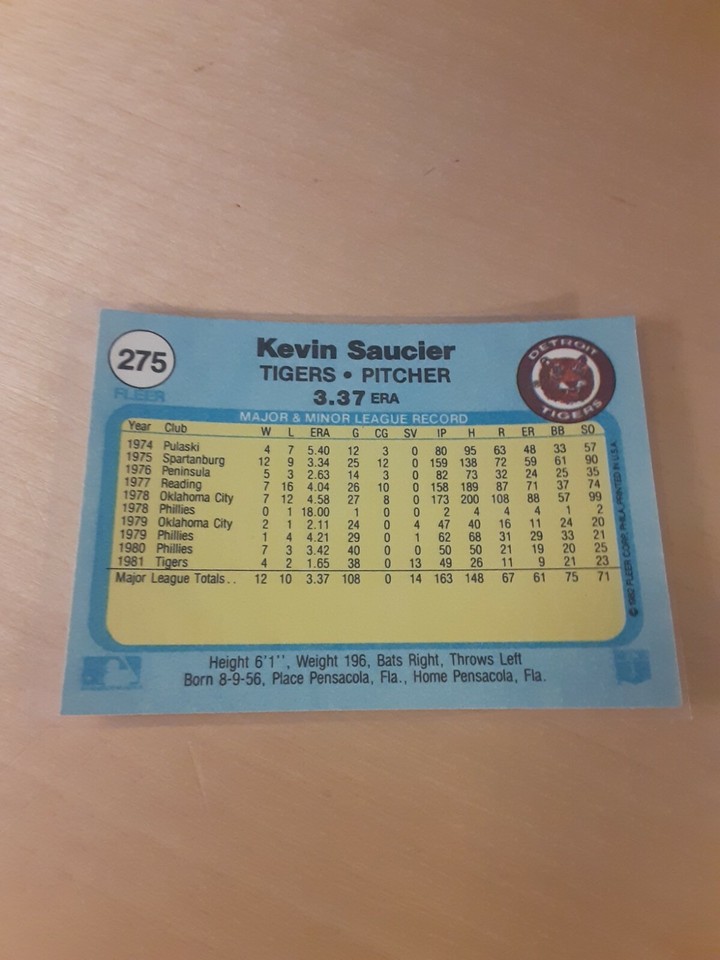 1982 Fleer #275 KEVIN SAUCIER Detroit Tigers Baseball Card, Pitcher ...