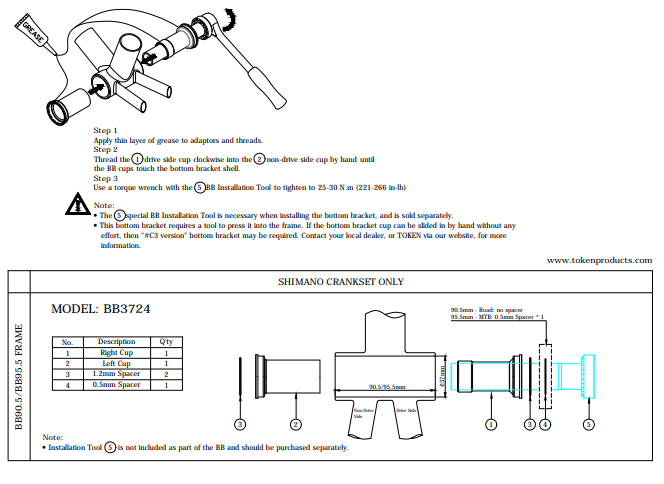 TOKEN Thread-Press Fit BB90 BB95 Bottom Bracket & Tool TREK 24 Shimano ...