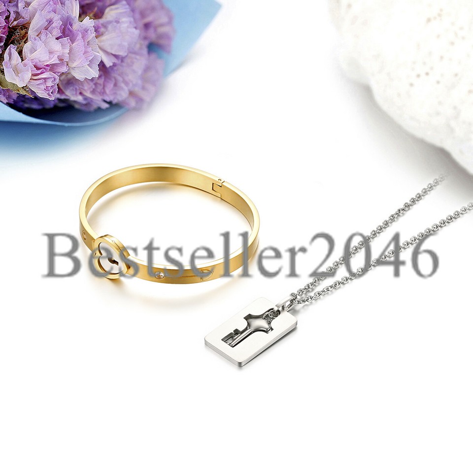 Womens Heart Lock Bangle Bracelet and Key Pendant Chain Necklace ...
