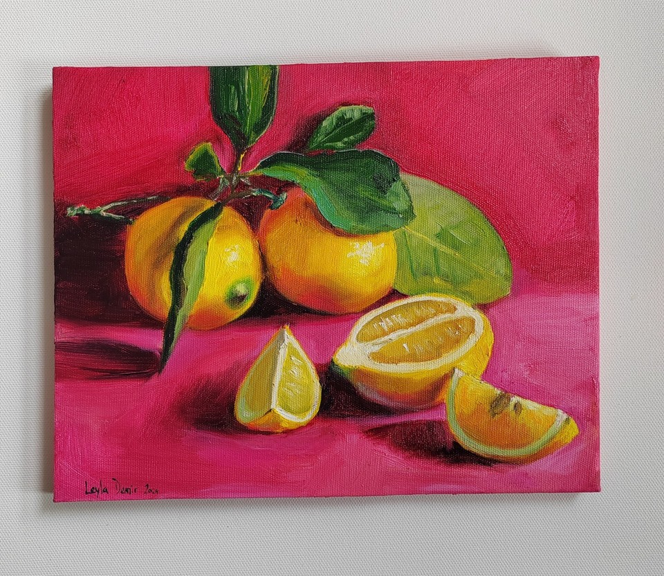 Lemon fruit on pink still life oil painting realistic citrus wall decor ...
