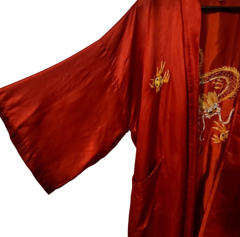 Vintage Red 100% Silk Kimono Robe Golden Dragon Embroidery With Belt ...