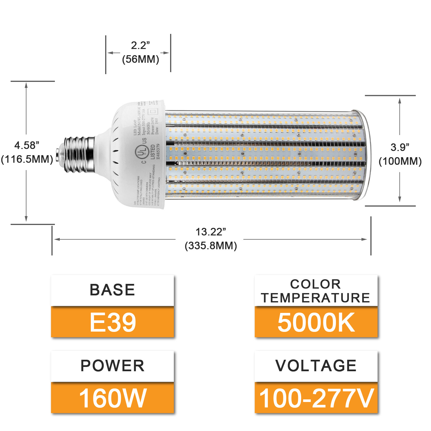 480Volt 160W LED Corn COB Light Bulb Replace 400W Metal Halide/HPS/HID ...