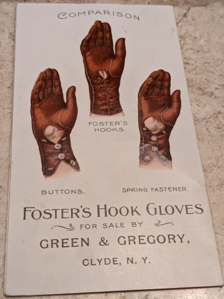 *RARE* VICT. TRADE CARD LADIES GLOVES ILLUSTRATED GREEN & GREGORY CLYDE ...