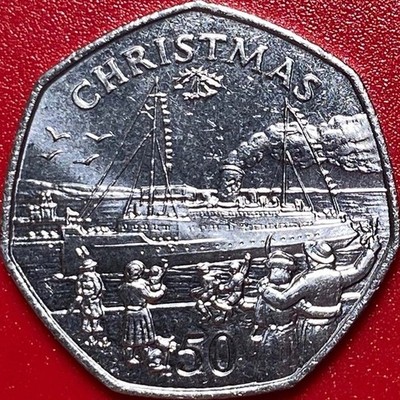 1990-AA ISLE OF MAN 50 PENCE CHRISTMAS SHIP BOAT CAT 7-SIDED COIN CuNi ...