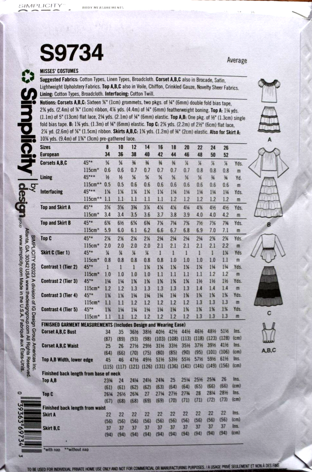 SIMPLICITY PATTERN 9734 CORSET SKIRT COSTUMES WOMAN SIZES 18 20 22 24 ...