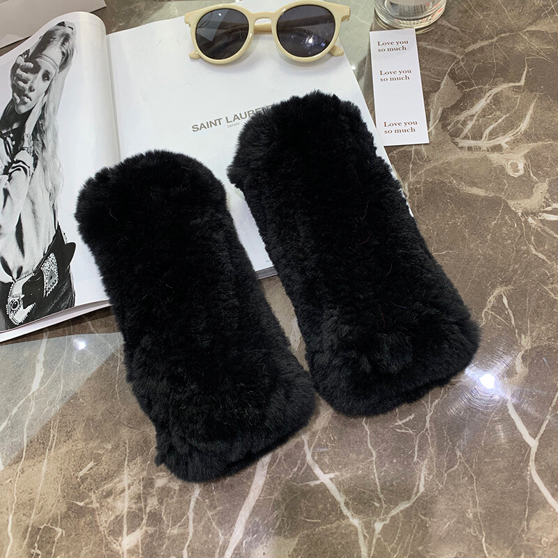 Women's Real Rabbit Fur Gloves Knitted Stretch Fingerless Warm Mitten ...