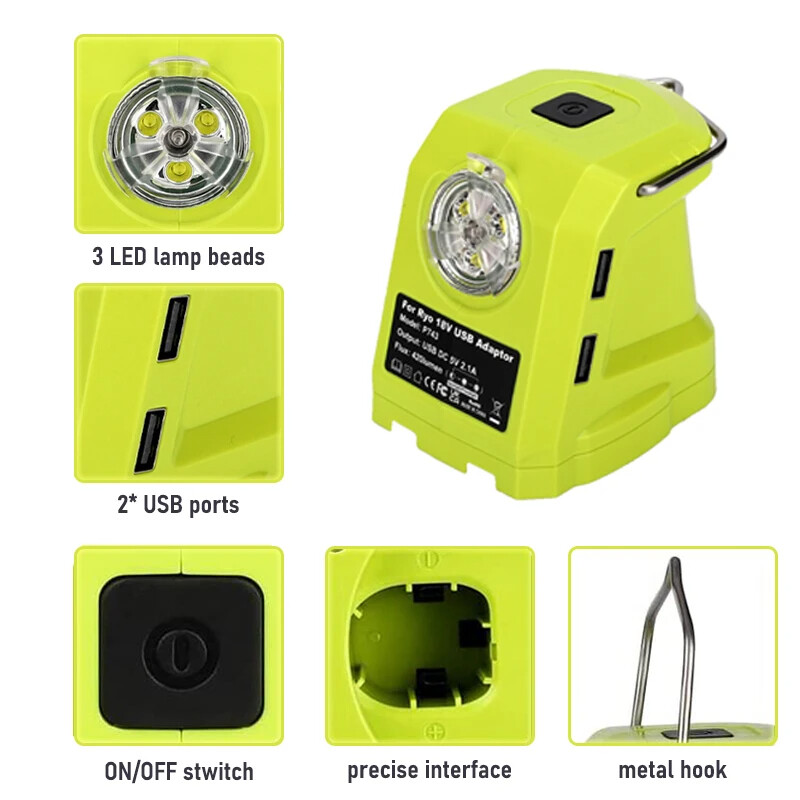 Battery Charger Adapter Power Bank Replacement Dual USB w/Light For ...