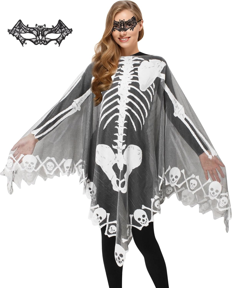 Halloween Skeleton Poncho for Women, Lace Skeleton Cape Shawl with Bat ...