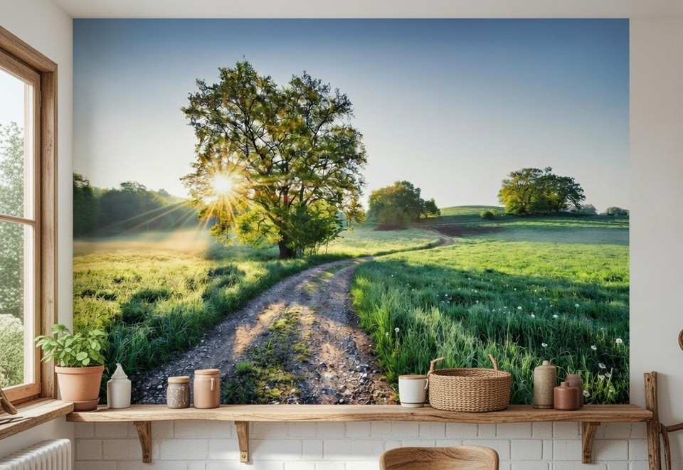 Dining Room Photo Wallpaper Full size Wall Mural Meadow trail green ...