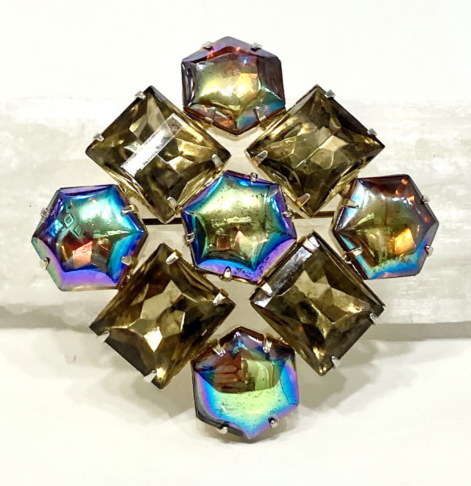 Vintage Unsigned Beauty Gold Tone Brooch Set w Oil Slick AB Rhinestones ...