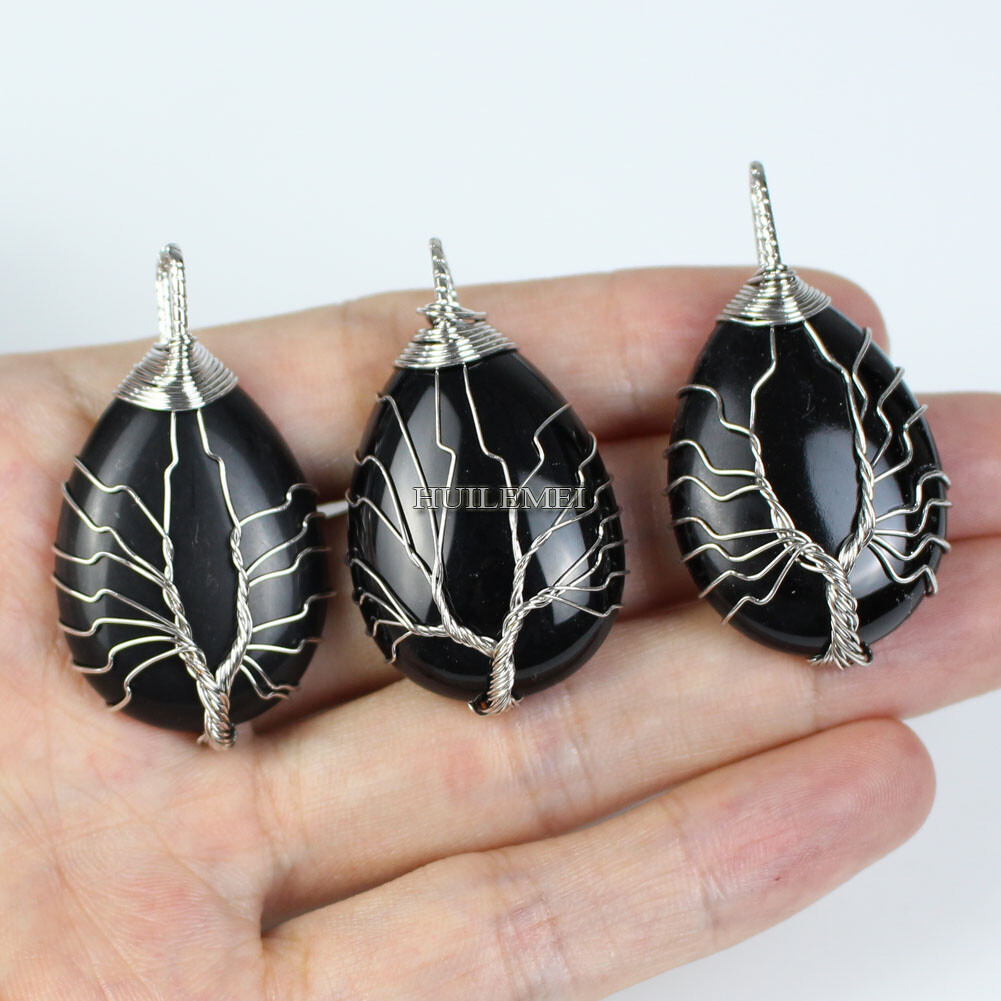 3pcs Black Obsidian Stone Gemstone Teardrop Pendant Beads Tree of Life ...