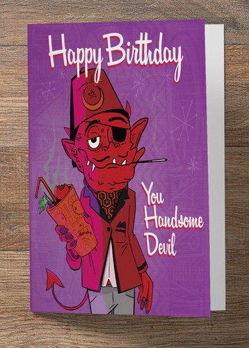 Happy Birthday Handsome Devil Card Tiki Atomic Age Mid Century Kitsch ...
