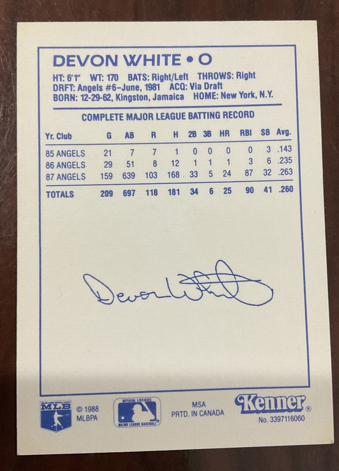 DEVON WHITE 1988 KENNER STARTING LINEUP CARD - LOS ANGELES ANGELS | eBay