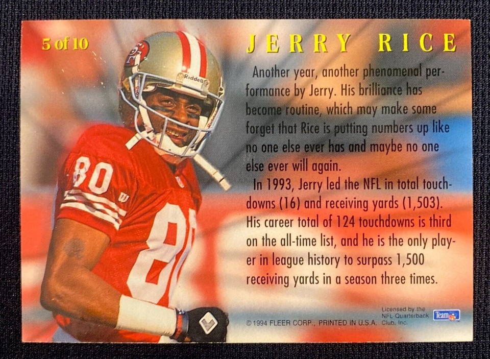 1994 Fleer Jerry Rice (HOF) (LEAGUE LEADER) #5 of 10 - NEAR MINT Cond ...
