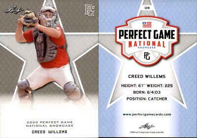 CREED WILLEMS 2020 LEAF PERFECT GAME NATIONAL SHOWCASE ROOKIE CARD #128 ...