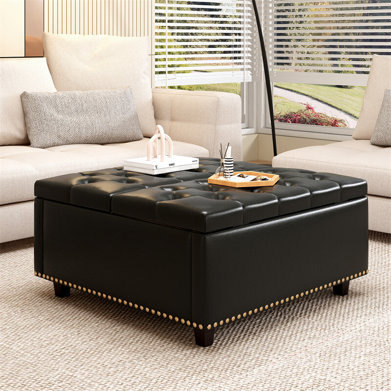 PU Leather Storage Bench Modern Upholstered Storage Coffee Table with ...
