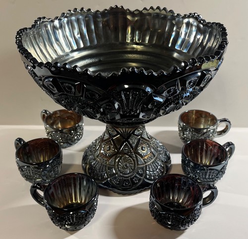 Imperial AMETHYST Carnival Glass Broken Arches Punch Bowl Set & Stand ...