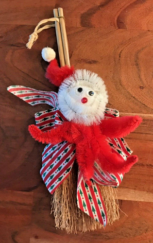Vintage Chenille Pipe Cleaner Santa on Straw Broom Christmas Decoration ...