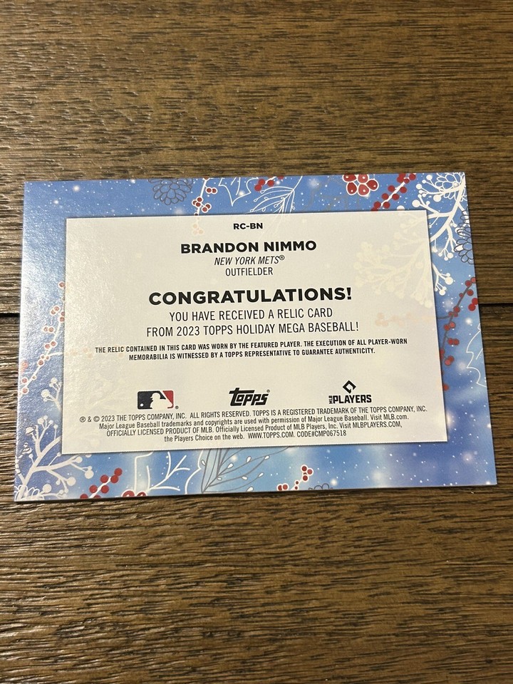 2023 Topps Holiday Brandon Nimmo Relic Card #RC-BN Mets Player Worn | eBay